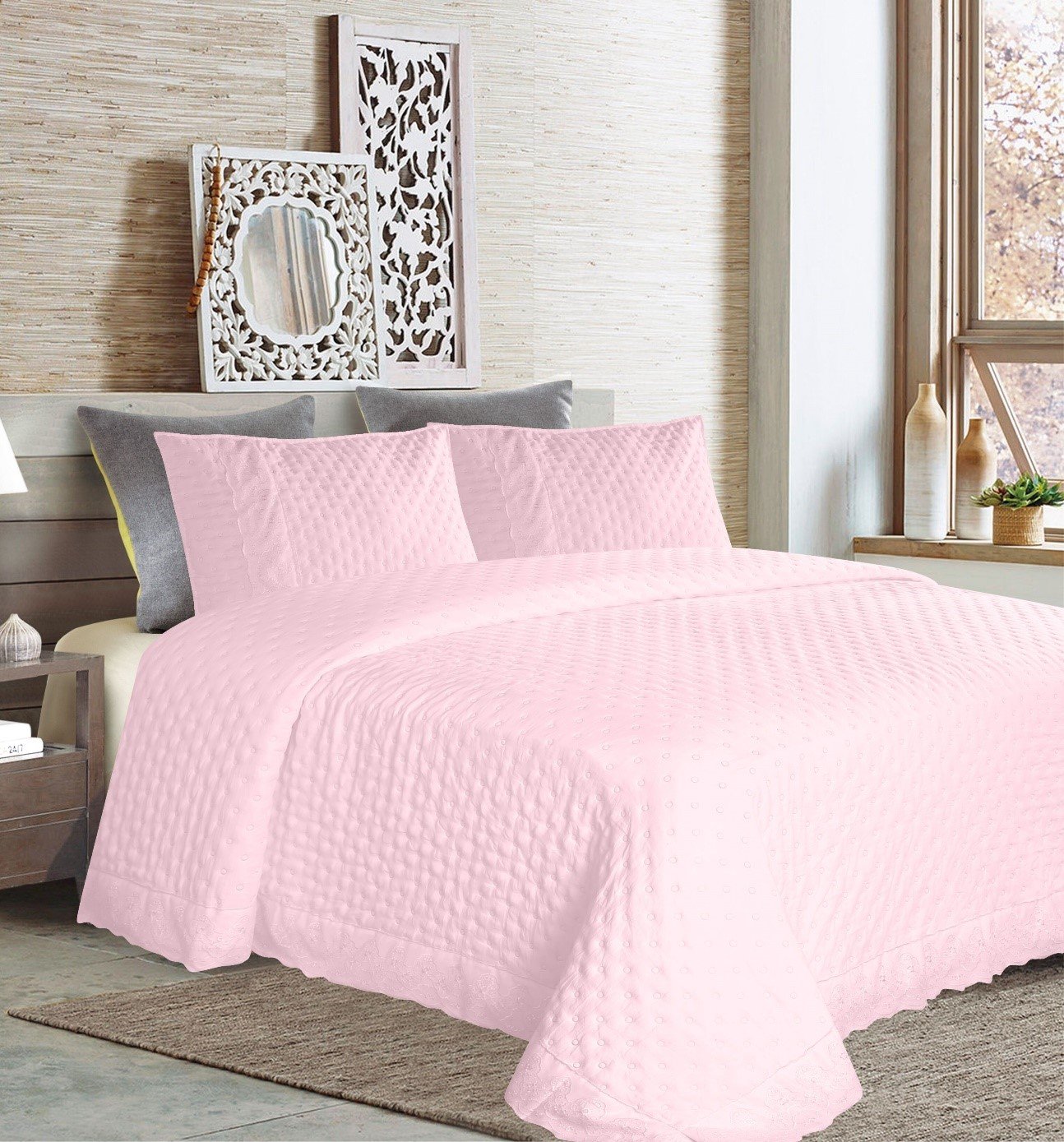 Kit Colcha Ultrassônica com Renda Casal Rosa